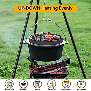 Velaze 10QT Camping Dutch Oven, Pre-Seasoned Cast Iron Camp Dutch Oven Pot with Lid, for Use in the Oven, on the Stove, Grill, or over the Campfire - Metal Handle, Lid Lifter, and Tripod