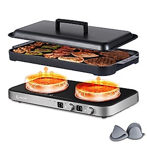AMZCHEF Double Induction Cooktop with Removable Iron Cast Griddle Pan Non-stick, 1800W 2 burner Portable Induction Stove With Sensor Touch 9 Power Levels, 99 Min Timer, Iron Grey