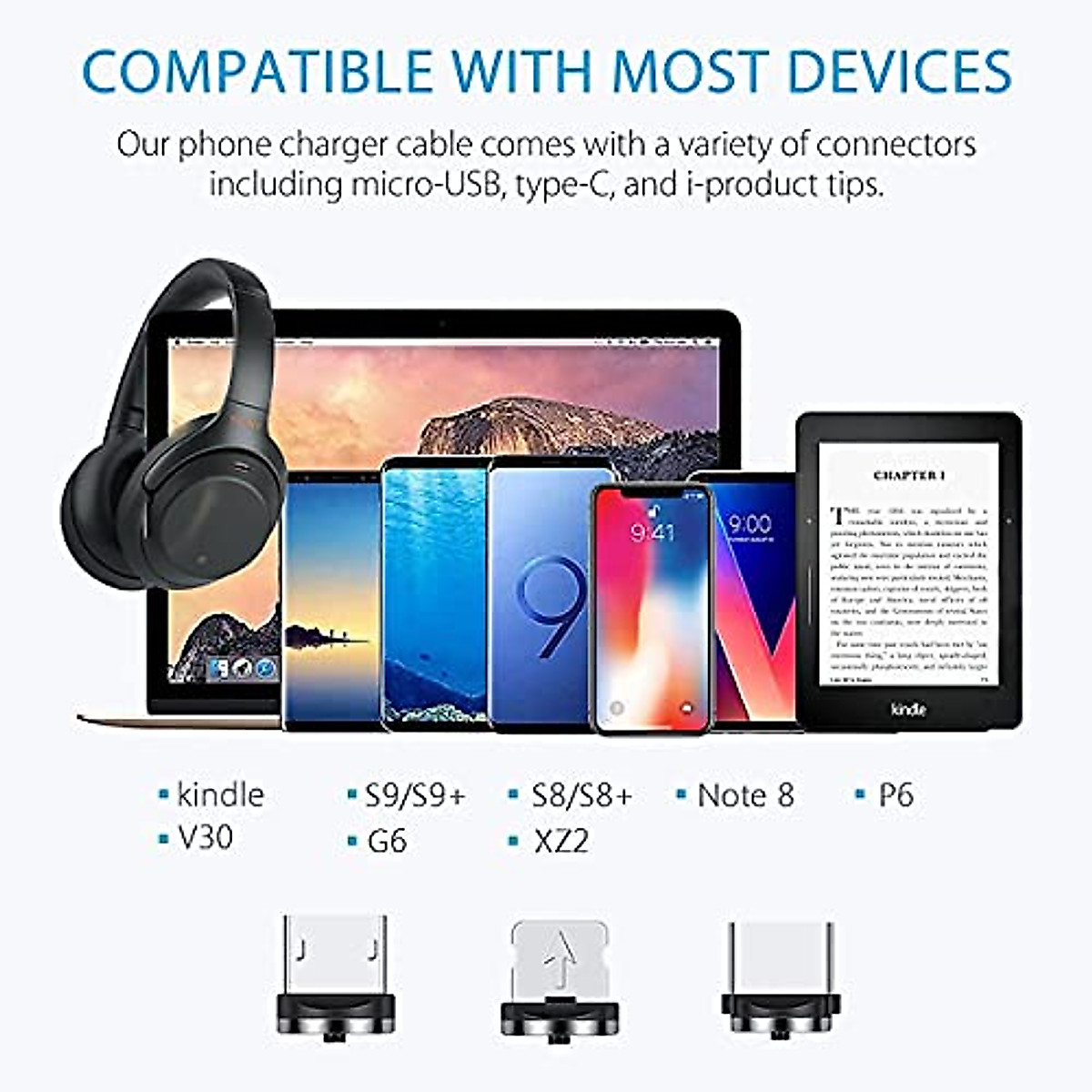 Terasako Magnetic Charging Cable 5-Pack (3/3/6/6/10FT) - 540° Rotating Magnetic Phone Charger Cable with LED Light - 90° Angle Connector, Nylon-Braided Cords (Black)