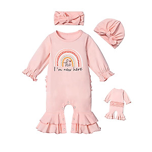 AGAPENG Baby Girl Clothes Newborn Girl Clothes hi I'm new here Romper Ruffle Rainbow Onesie Flare Bell Bottom Jumpsuit Fall Winter Outfits Newborn Girl Outfits Pink with Headband Hat