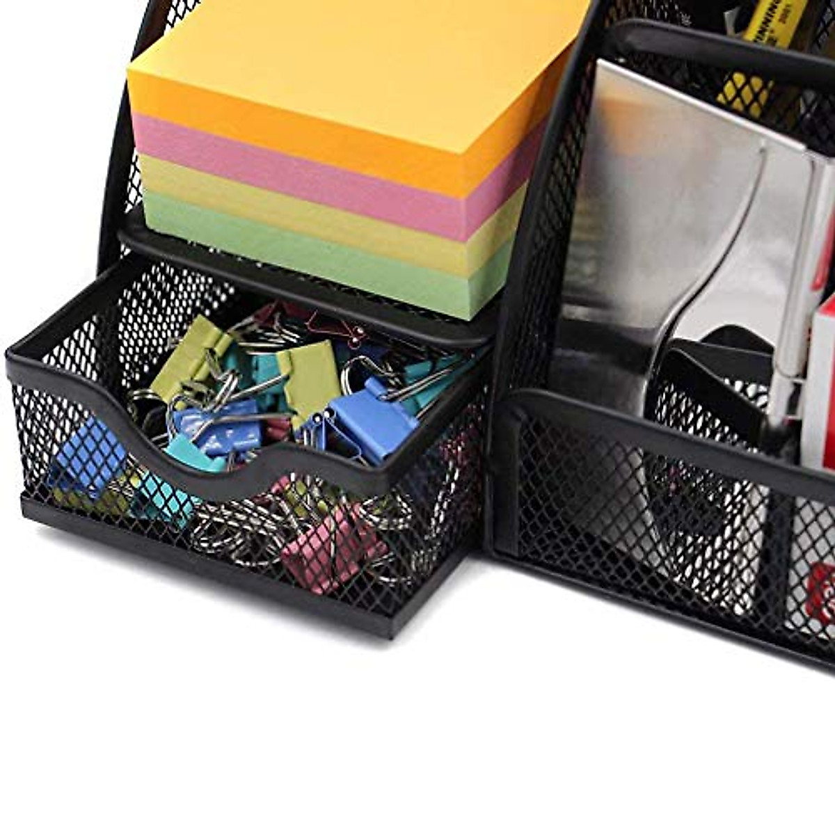 MONBLA Mesh Multi-Functional Stationery Storage Organizer Office Stationery Case Stationary Caddy Metal Desk Organizer Pencil Pen Holder 5 Compartments Black