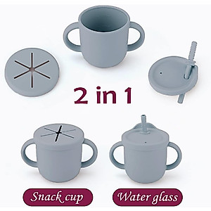 Silicone Baby Feeding Set -16 piece Baby Led Wearing Supplies with Suction plates for toddlers, bowls, Baby Utensils, Snack Cup, Sippy Cups, Toddler Utensils items Gray 6+ Months essentials must have.