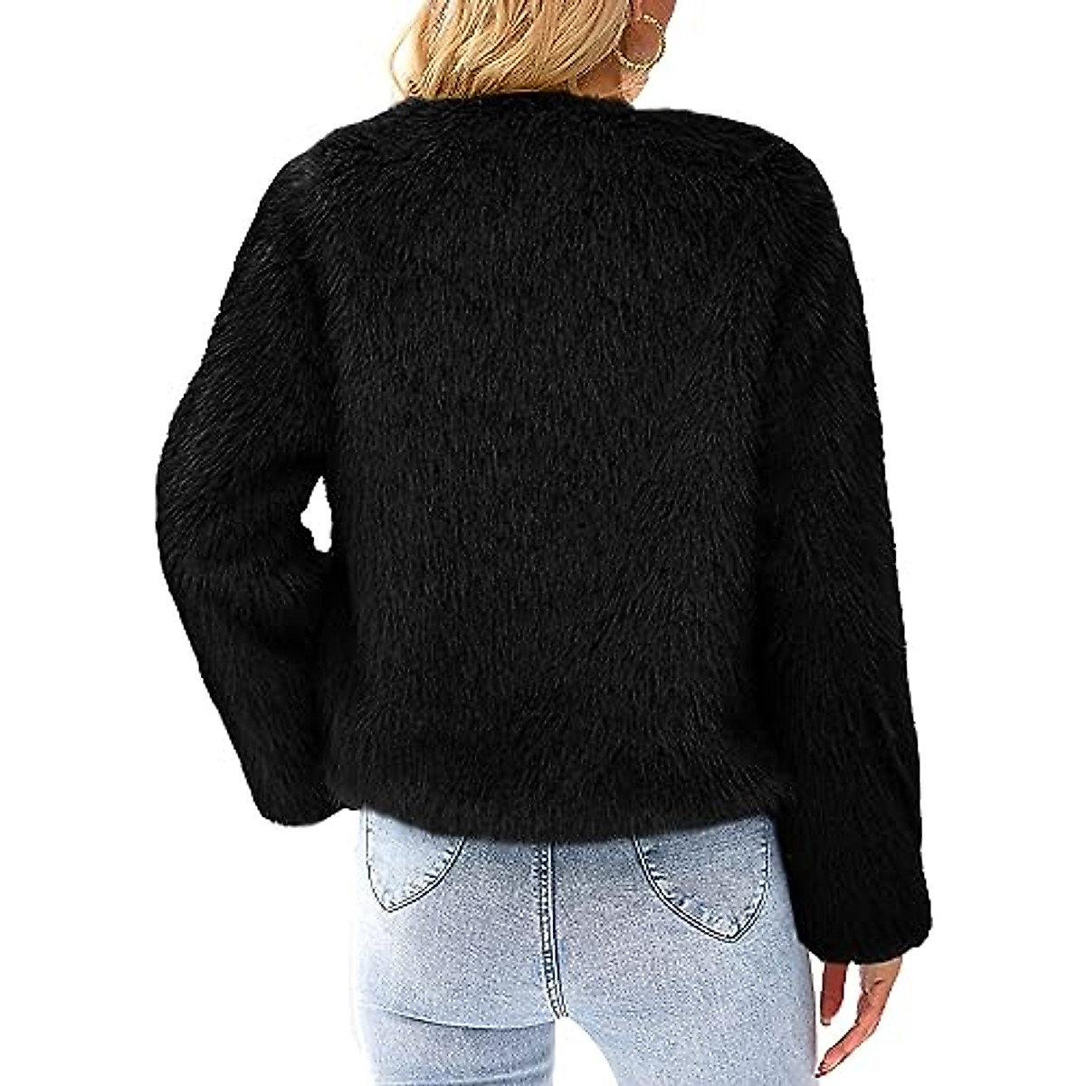 PRETTYGARDEN Women's 2023 Winter Coats Fleece Cropped Jacket Faux Fur Long Sleeve Pockets Shaggy Warm Outerwear Fall Clothes (Black,Medium)