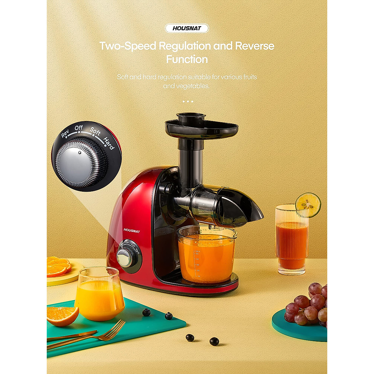 Juicer Machines Vegetable and Fruit, HOUSNAT Cold Press Juicer Extractor with 2-Speed Modes Easy to Clean, Slow Masticating Juicer with Quiet Motor, Reverse Function, Recipes (Passion Red)