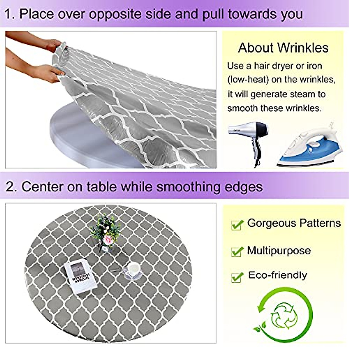 Zhuqing Heavy Duty Vinyl Round Fitted Tablecloth, Gray Moroccan Design, Spillproof Waterproof Elastic Table Cover with Flannel Backed Lining, Fits 40" to 44" Round Table，for Indoor/Outdoor Use