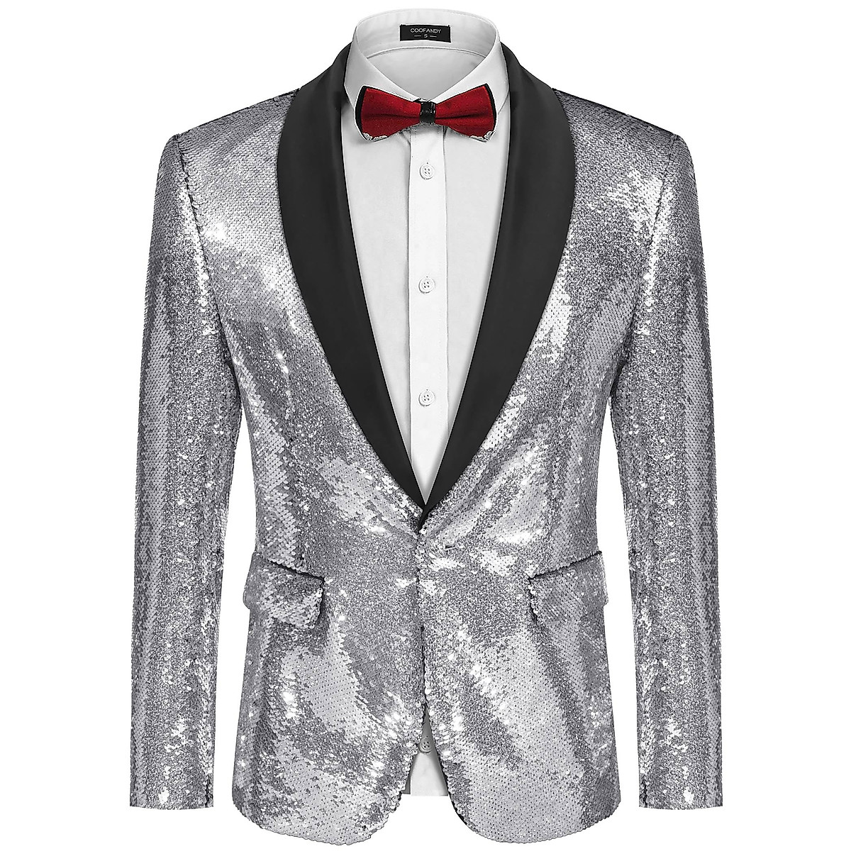 COOFANDY Men's Shiny Sequins Suit Jacket Blazer One Button Tuxedo Banquet Prom Silver