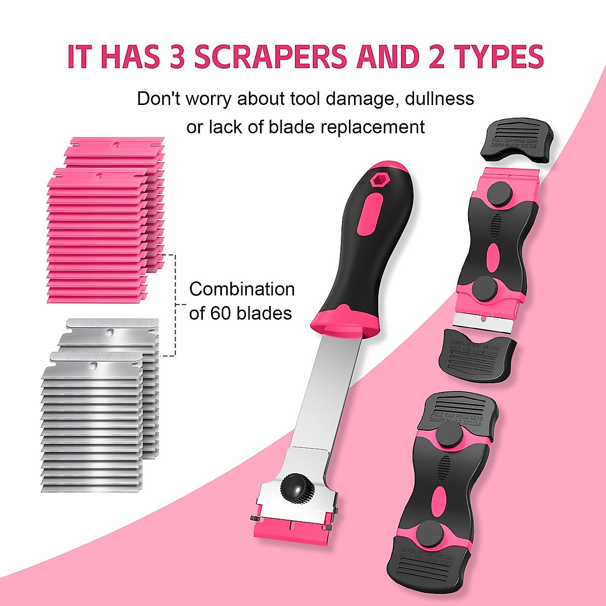 Ywmoml 3 Pack Razor Blade Scraper, Plastic Razor Blade Scraper, Scraper Tool with Extra 30 Plastic Razor Blades and 30 Metal Blades, Razor Scraper for Gum, Cooktop, Wallpaper or Glass Tool (Pink)
