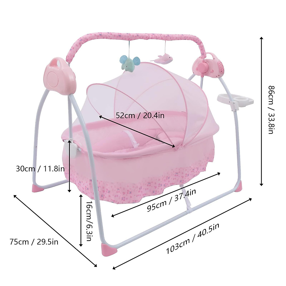 TFCFL Electric Baby Crib Cradle, 0-18 MonthsInfant Bed Auto Swing with Remote Control & Music, 25KG/55LBS Capacity, Foldable Baby Bassinet, Pink