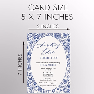 Bridal Shower Invitation Something Blue Classy Classic Vintage Floral Victorian Before I Do Wedding Shower Antique Customized Personalized Printed Cards (12 Count)