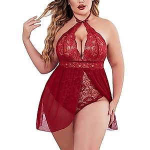 Avidlove Plus Size Lingerie for Valentines Women Lace Babydoll Chemise Nightgown Mesh Nightwear Side Slit Nightie L~4XL (Wine Red, XXX-Large)