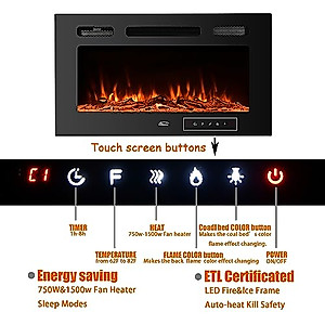 Clihome 50in Electric Fireplace Fire Places Electric Fireplace Inserts Electric Fireplace Heater Fireplace Decor Fireplace Heater with Timer, Remote Control, Adjustable Flame Color 750/1500W