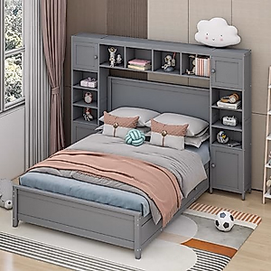 BEBPILOO Full Size Wooden Bed with All-in-One Cabinet and Shelf for Kids,Teens (Gray)