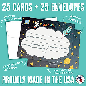 Koko Paper Co Space Multiple-choice Fill-in Thank You Cards | 25 Flat Cards and 25 Bright White Envelopes | Printed on Heavy Card Stock.