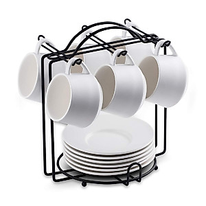 YHOSSEUN Espresso Cups and Saucers with Metal Stand, Porcelain Demitasse Cups Set for Espresso, Latte, Cafe Mocha, Cappuccino and Tea, 3 Ounce, Set of 6, White
