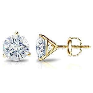 Diamond Wish - 1 1/2 Carat Moissanite Round Stud Earrings for Women in 14k Yellow Gold (J-K, TGW, 6 mm) 3-Prong Martini Screw Back