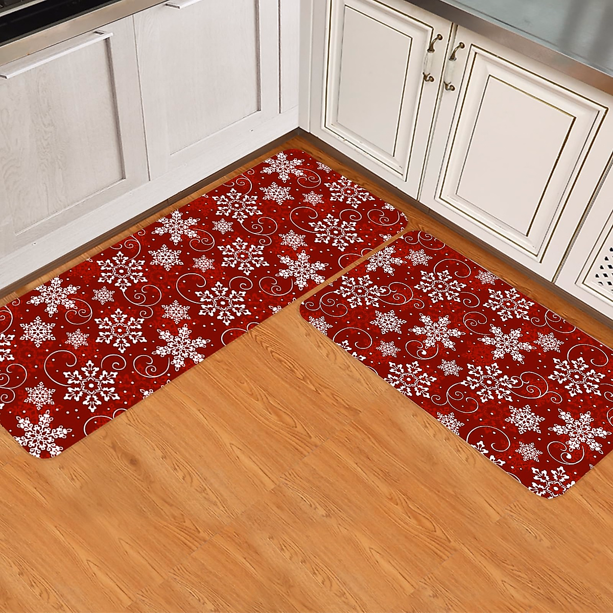 Briskdecor Kitchen Rugs - Winter Christmas Snowflake Red Cushioned Anti Fatigue Comfort Standing Kitchen Rugs for Floors, Non-Skid Waterproof Kitchen Mat, 20"x24"+20"x48"