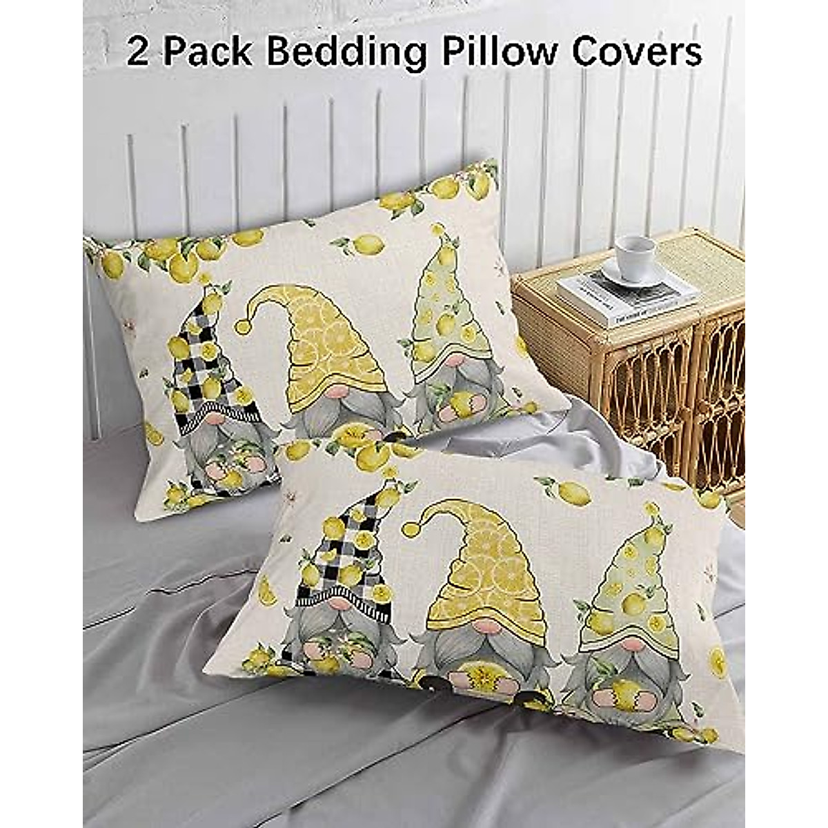 Edwiinsa Summer Lemon Pillow Covers Standard Size Set of 2 20x26 Bed Pillow, Rustic Spring Floral Gnomes Plush Soft Comfort for Hair/Skin Cooling Pillowcases with Envelop Closure