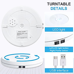 White Electric 10 Inch Rotating Turntable Display Stand with Led 44 lb Centric Loading for Table 360 Degree Motorized Tumbler Display Stand for Jewelry Photography