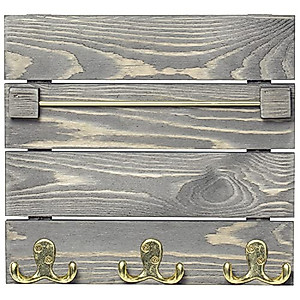 MyGift Wall Mounted Accessory Organizer, Weathered Gray Solid Wood Sunglasses Holder with Brass Metal Hanger Bar and 3 Dual Key Hooks