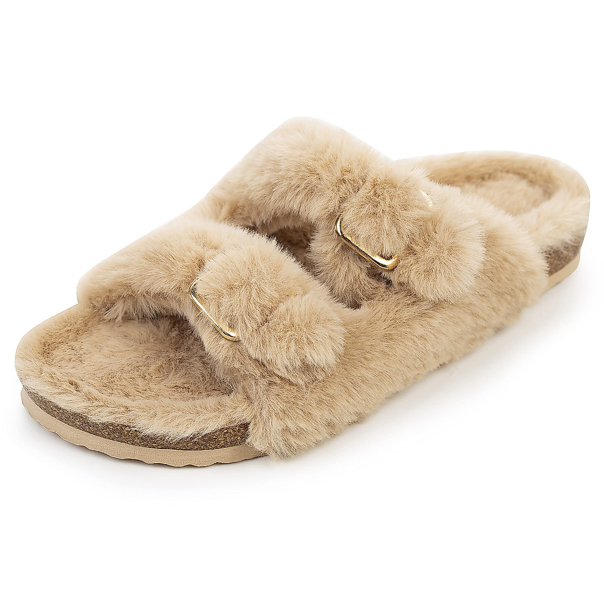 FITORY Womens Open Toe Slipper with Cozy Lining,Faux Rabbit Fur Cork Slide Sandals Size 8