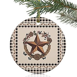 2023 Christmas Ornaments Ceramic Hanging Ornament,Western Star Farm Berry Wreath Xmas Tree Decorations for Holiday Party Home,Country Black Plaid Retro Black Christmas Ornament Gift