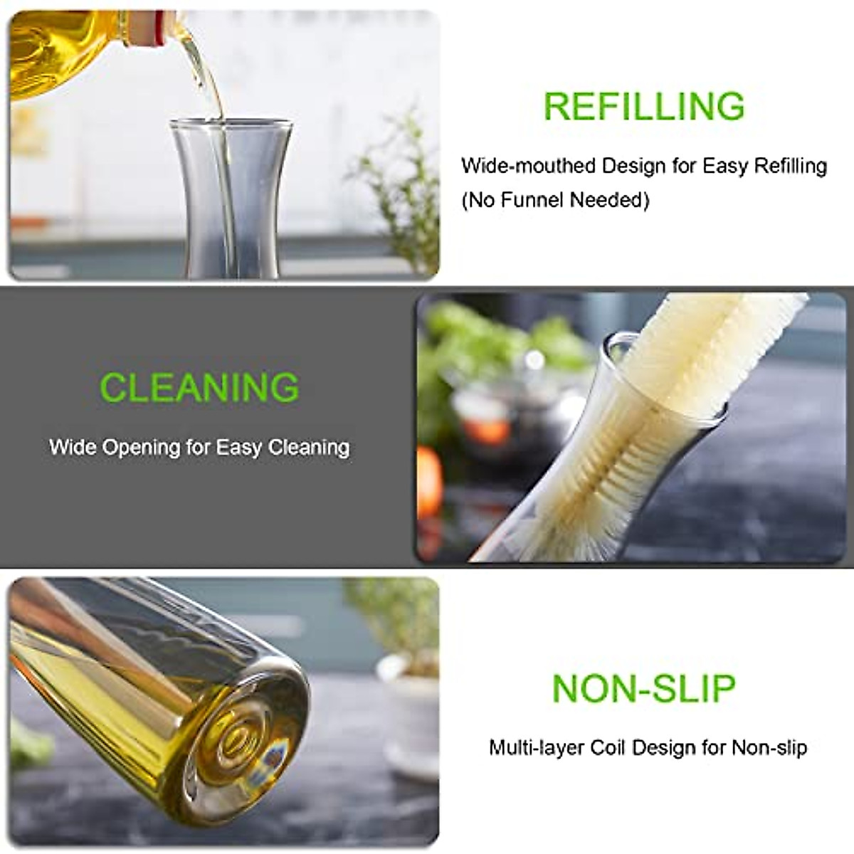 Glass Olive Oil Dispenser, Bivvclaz 18 OZ Oil and Vinegar Dispenser with Drip-free Spout, Olive Oil Cruet Bottle with Airtight Silicone Cap for Kitchen Decor, Easy to Clean, Black Transparent