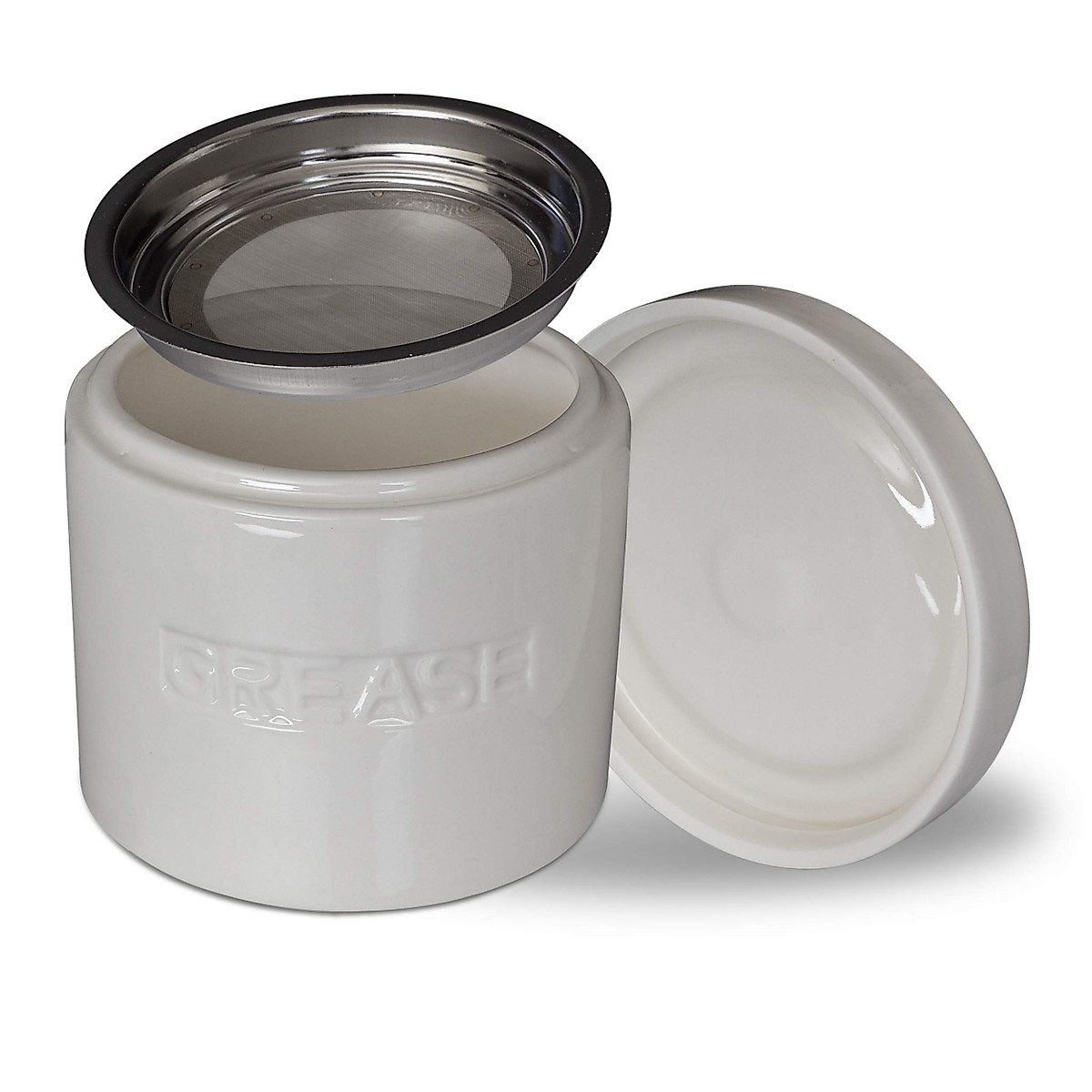 Ceramic Grease Container Keeper with Metal Stainless Steel Strainer and Lip for Easy Pour (Ivory)