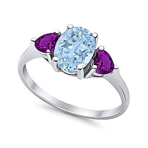 Blue Apple Co. Simulated Aquamarine Cubic Zirconia Size-9 Fashion Promise Ring 3-Stone Oval & Heart Simulated Amethyst CZ 925 Sterling Silver