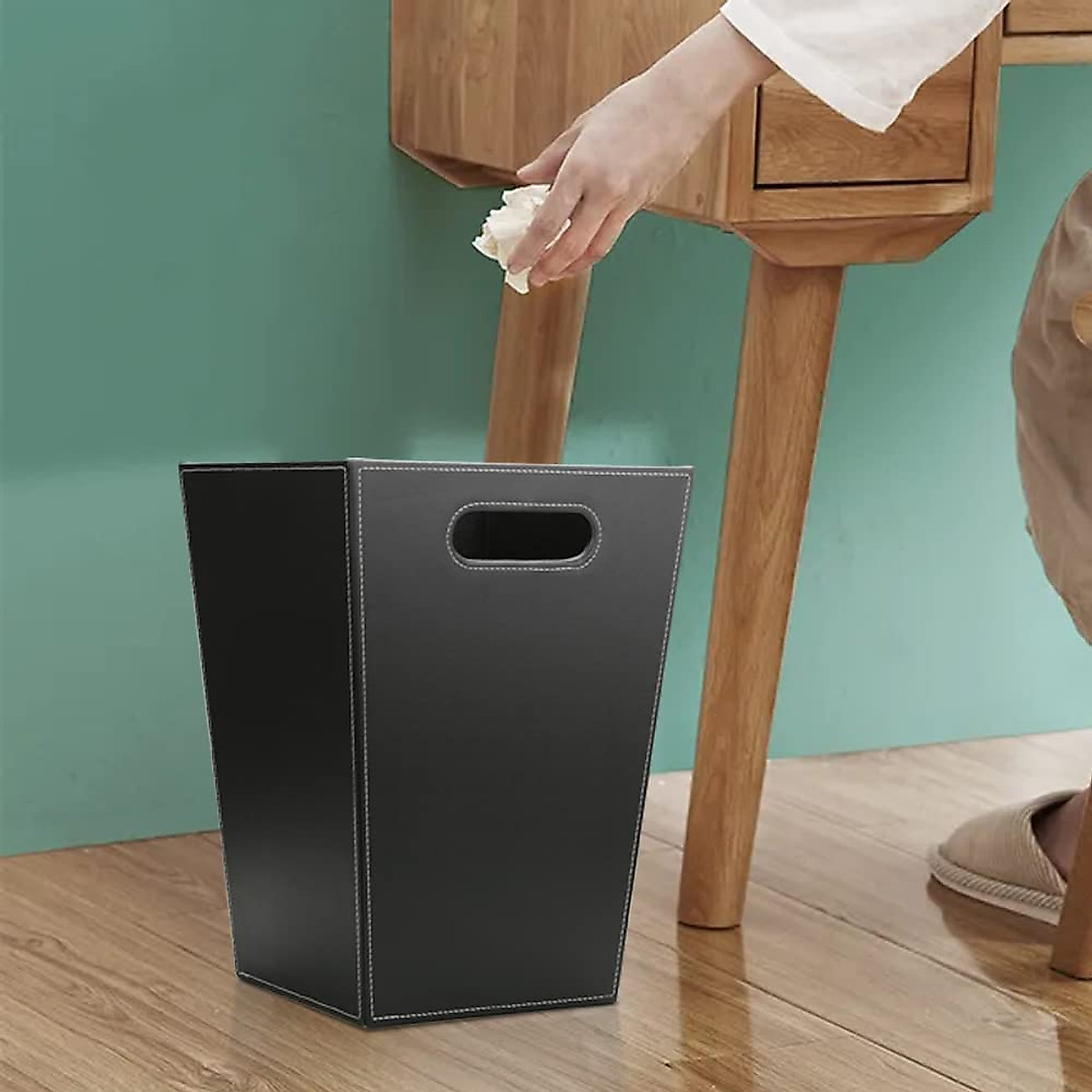 KINGFOM Classic Pu Leather Trash Can Wastebasket, Garbage Container Bin with Handles for Bathrooms, Powder Rooms, Kitchens, Home, Office and and High Class Hotel Square Black