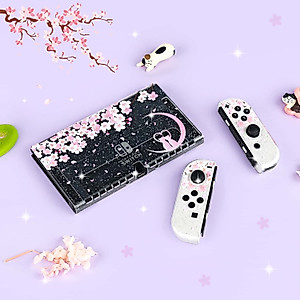 BelugaDesign Sakura Cat Glitter Case | Moon Heart Pink Cherry Blossom Japanese Anime Shell | Compatible with Nintendo Switch OLED | Dockable Crystal Protective Cover (Switch OLED, Clear Pink)