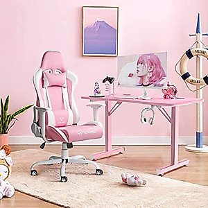 PUKAMI Pink Cute Kawaii Gaming Chair for Girl Ergonomic Desk Racing Office Chair Adjustable High Back Game Chair Swivel Leather Chair with Lumbar Support and Headrest