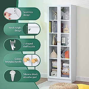 IRONMIX Enclosed Bookshelf with Acrylic Door and Adjustable Shelves, 70 Inch Tall Storage Cabinet 5 Tier, Dust Proof Display Shelf for Home, Office - White