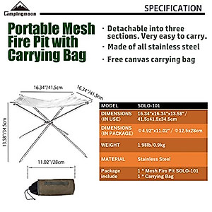 CAMPINGMOON Portable Mesh Fire Pit 16.5-inch with Carrying Bag SOLO-101(11.22" H)