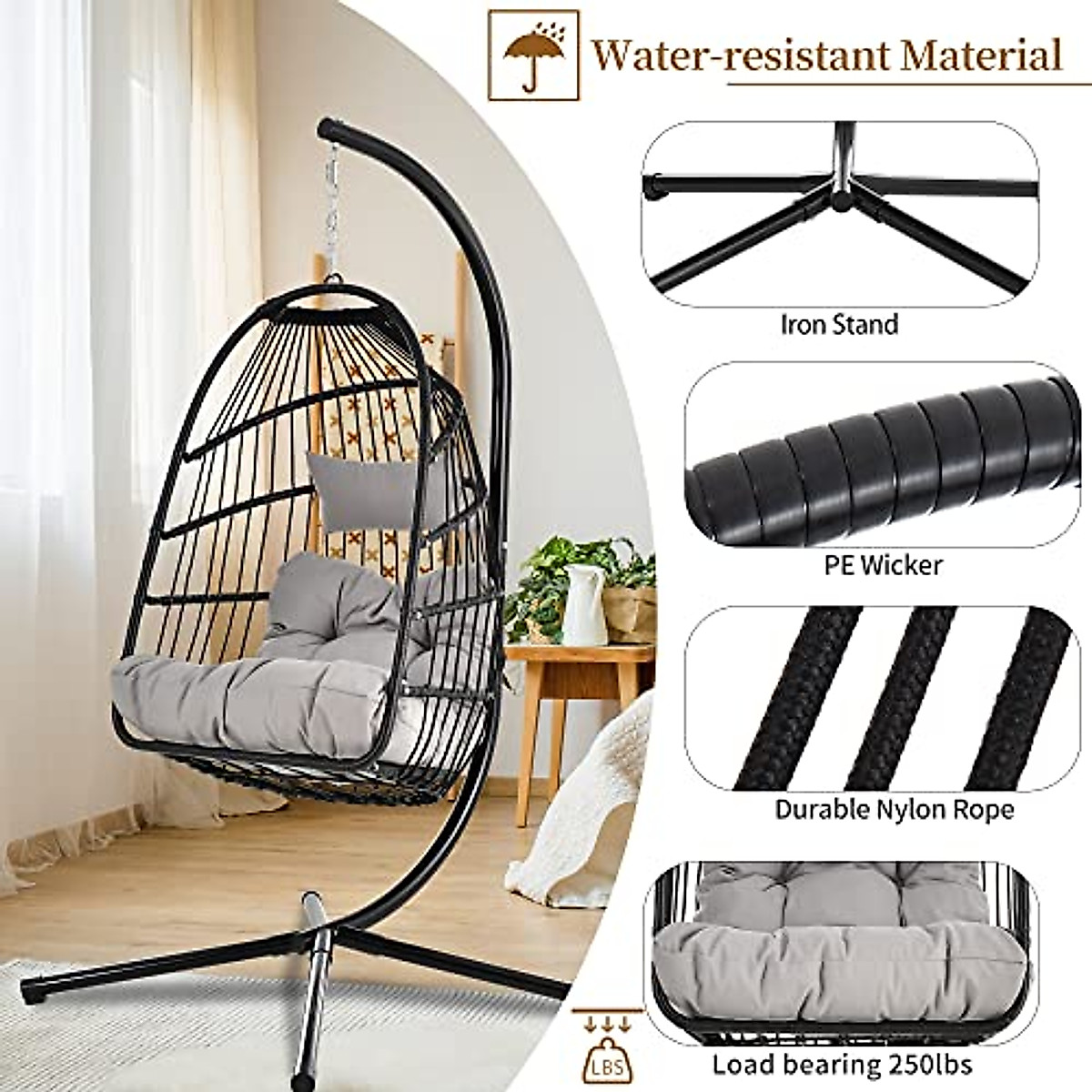 Patio Foldable Swing Chair with Cushion, PE Wicker Egg Hanging Chair w/Stand, Hammock Chair for Outdoor Balcony Indoor Bedroom (Black+Gray-2)