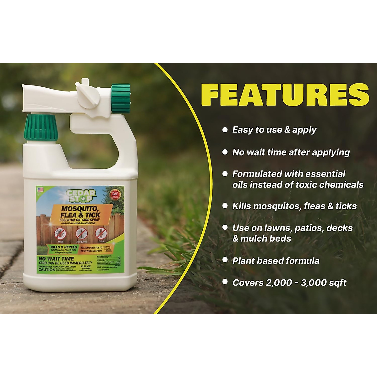 CedarStop 32 Ounce Essential Oil Yard Spray - Plant Based Flea, Tick and Mosquito Repellent Pest Control Spray Treatment and Insect Killer - Safe Around Kids, Pets, and Plants