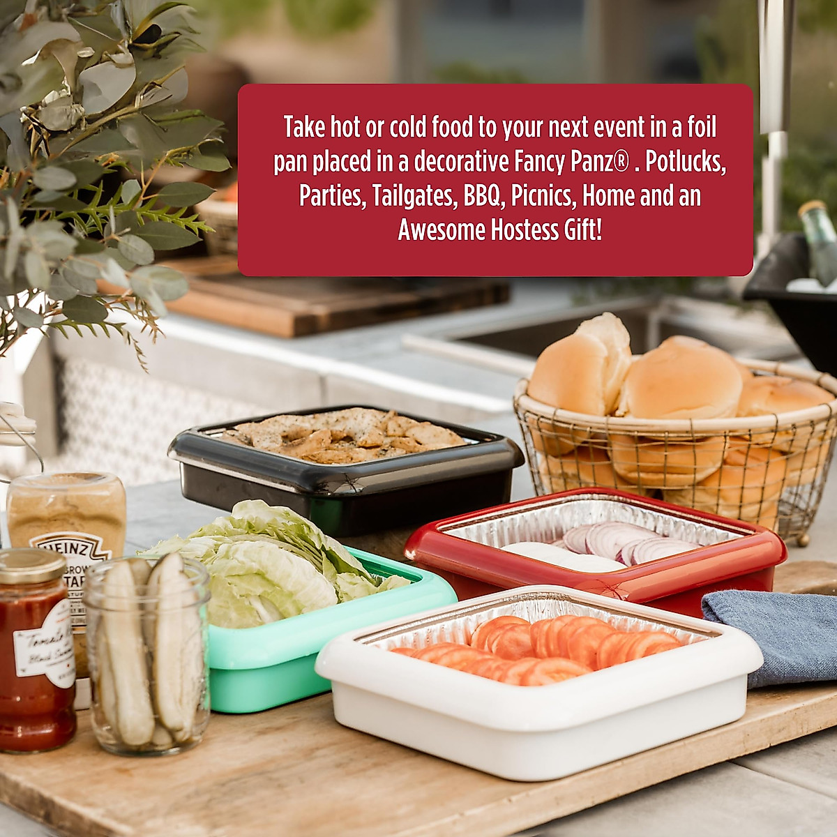 Fancy Panz, Serving Tray for Food, Made in the USA Foil Pan Carrier, Stackable Aluminum Pan Holders, 8x8 Travel Casserole Carrier With 1 Disposable Foil Pan & Serving Spoon, Red