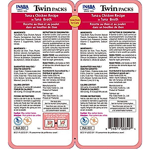 INABA Twin Packs for Cats, Grain-Free Shredded Chicken & Broth Gelée Side Dish/Topper Pouch, 1.4 Ounces per Serving, 22.4 Ounces Total (16 Servings), Tuna & Chicken Recipe in Tuna Broth