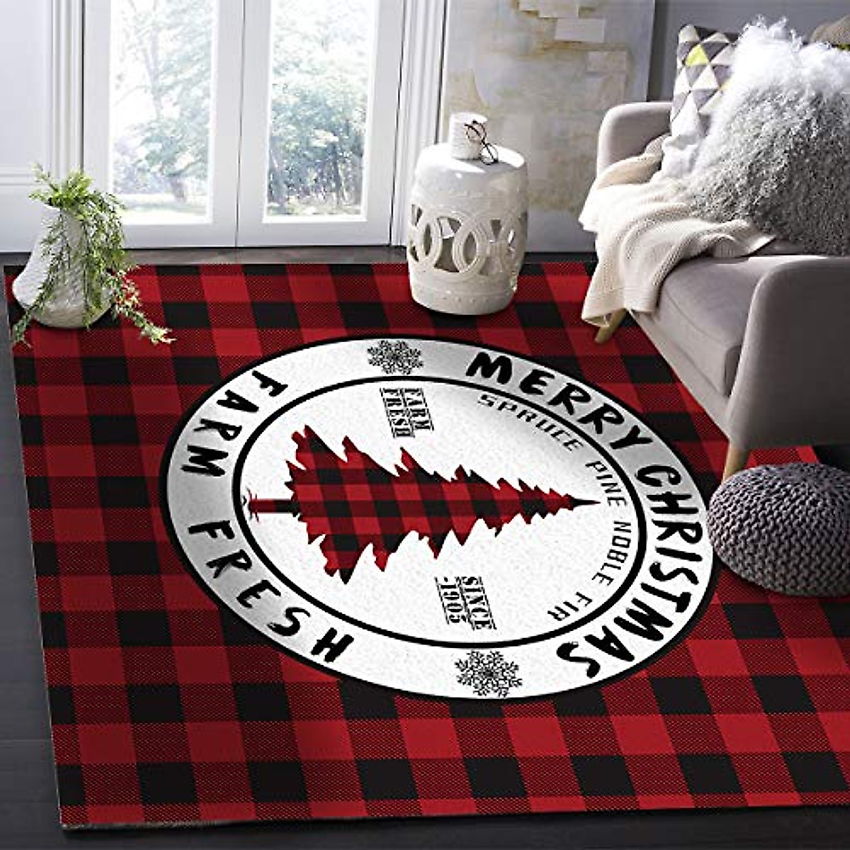 Christmas Area Rugs Living Room Floor Mat Merry Christmas Farm Xmas Tree Snowflake Red Plaid Collection Non-Slip and Washable Carpets for Indoor Bedroom Kids Room Home Decor, 2.7x5 Feet