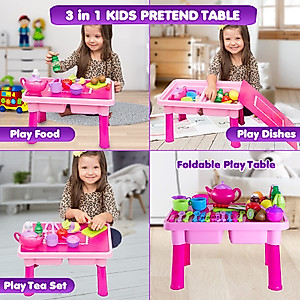 50-PCS Foldable Toy Table with Play Dishes and Tea Set for Little Girls - Kitchen Accessory Toys with Play Dish Sets, Play Food, Cutting Fruits, Toy Knife & Utensils | Gift for Toddler Girl