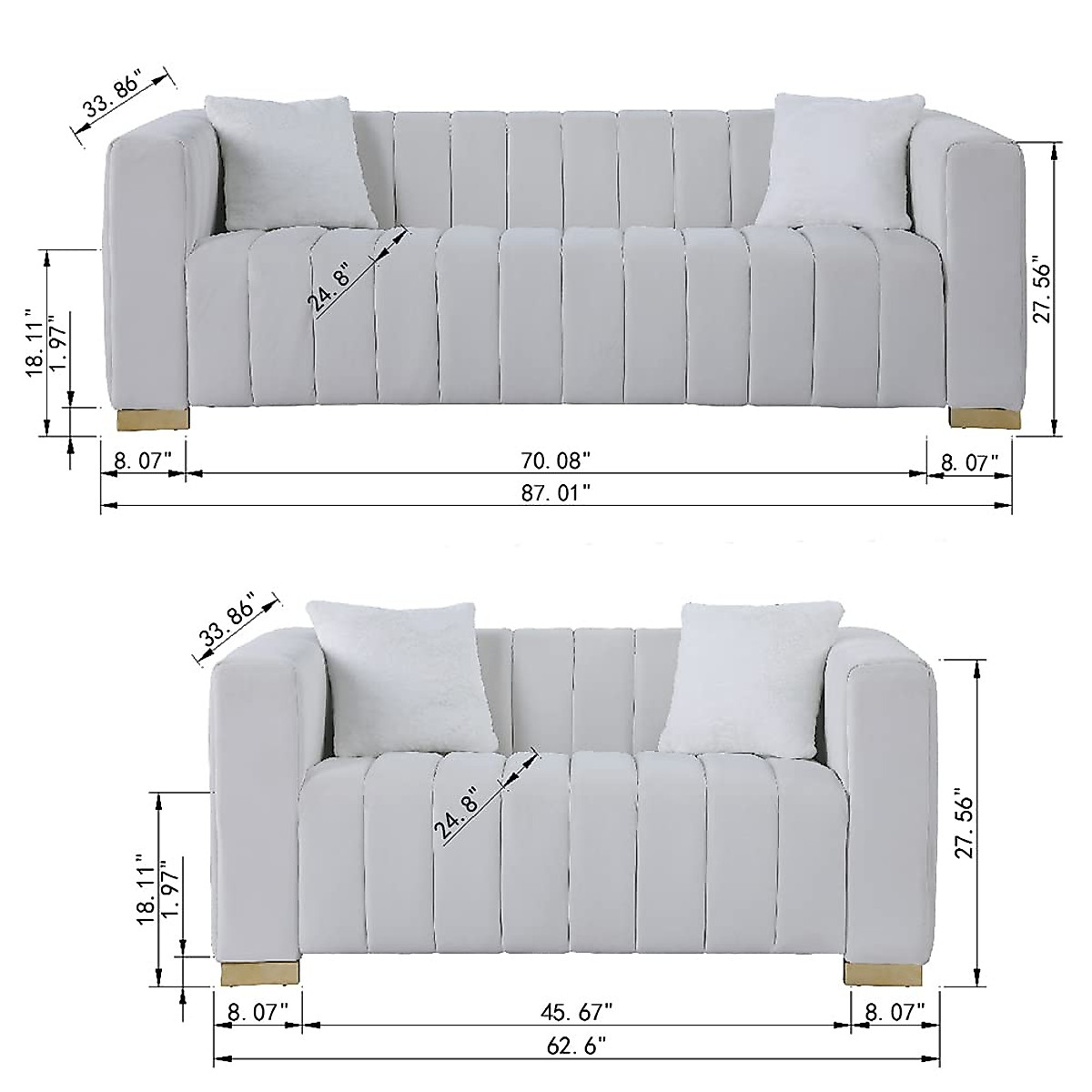kevinplus Modern Sofa Couch 2 Set for Living Room, Velvet Chesterfield 2-Pcs Upholstered Sofa Couch for Apartment Bedroom Office, Strong Gold Metal Legs, Dark Grey