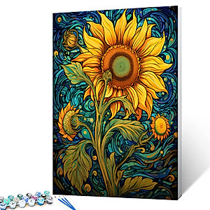 Abstract Sunflowers DIY Paint by Numbers for Adults Graffiti Flowers Abstract DIY Oil Painting Acrylic Paint Art Painting Kits Canvas with Acrylic Paints Flower Scenery Art 16x20 Inch（Frameless）