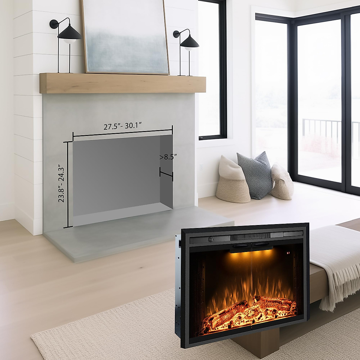 Benrocks 30” Electric Fireplace Inserts with Glass Door and Mesh Screen, Multicolor Flames & Fire Crackling Sounds, Timer, Overheating Protection Fireplace Heater, 750/1500W