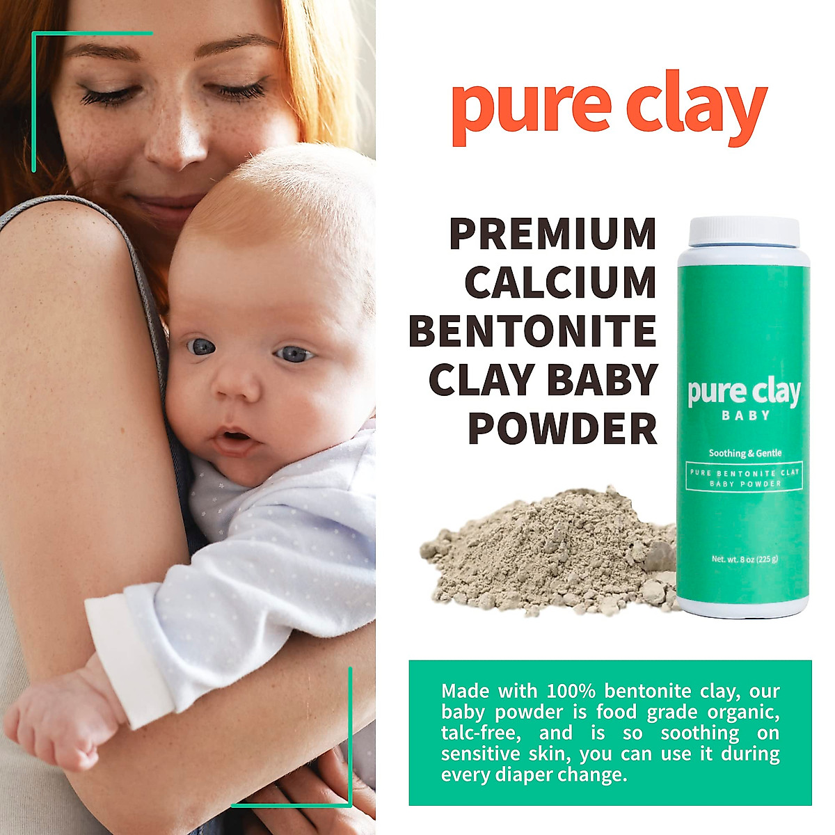 Bentonite Clay Baby Powder, Pure Calcium Bentonite Clay Food Grade Baby Powder for Sensitive Skin, Travel Size Baby Powder, Gentle Baby Skin Care