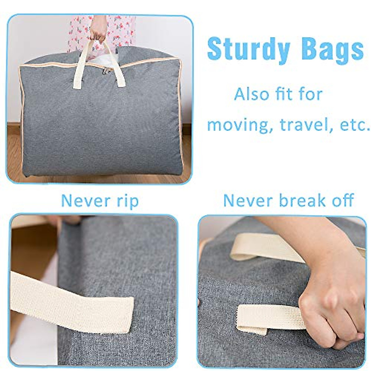 Qozary Large Storage Bags for Comforters, Blankets, Clothes, Quilts and Towels, Better and Sturdy Organizer Bag, Under Bed Storage, Great for Closets, Bedrooms (Gray)