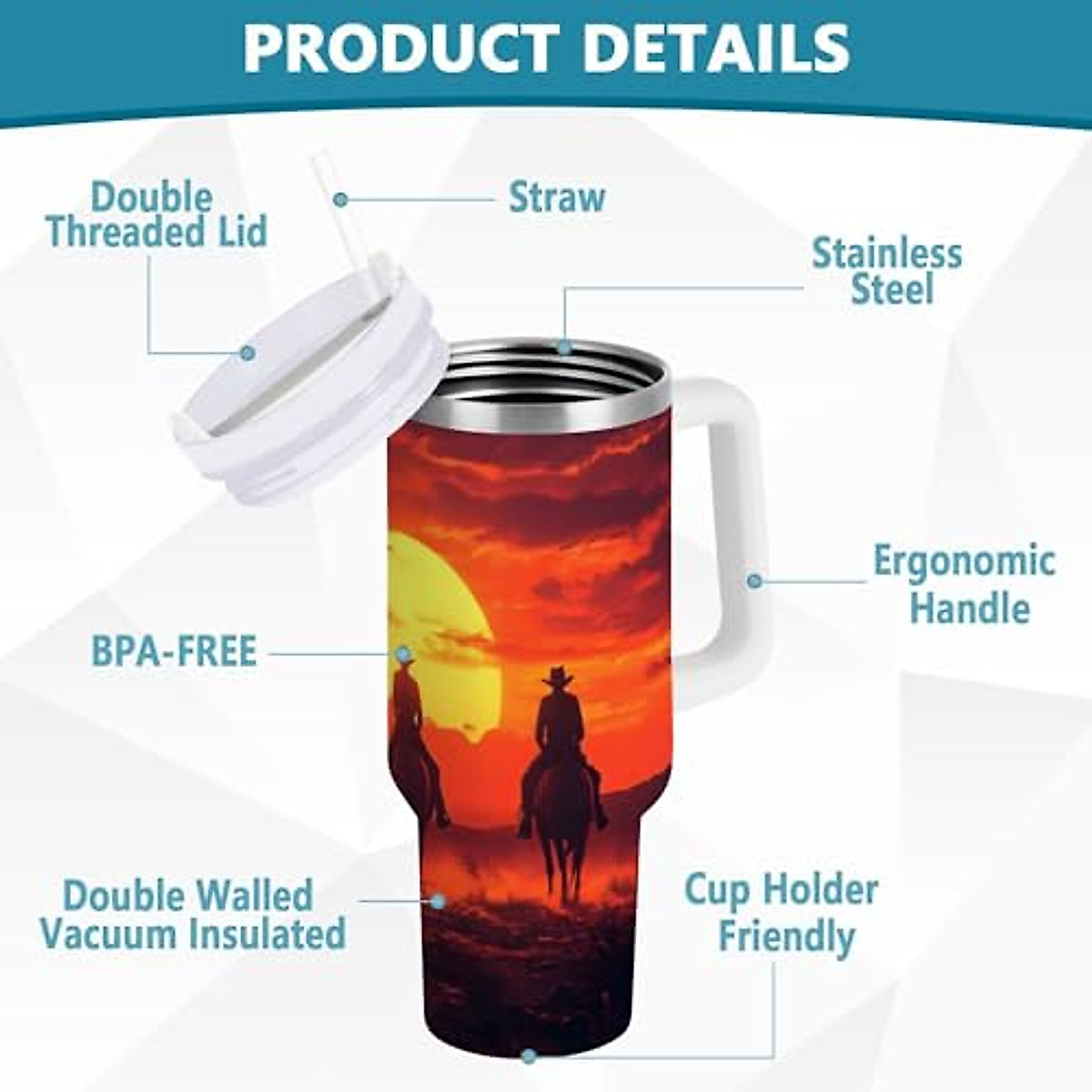 Jihqo Sunset Western Cowboys 40 oz Stainless Steel Vacuum Insulated Tumbler with Handle and Straw Lid, Leakproof Water Bottle Double Wall Travel Mug Coffee Cup, Cupholder Friendly