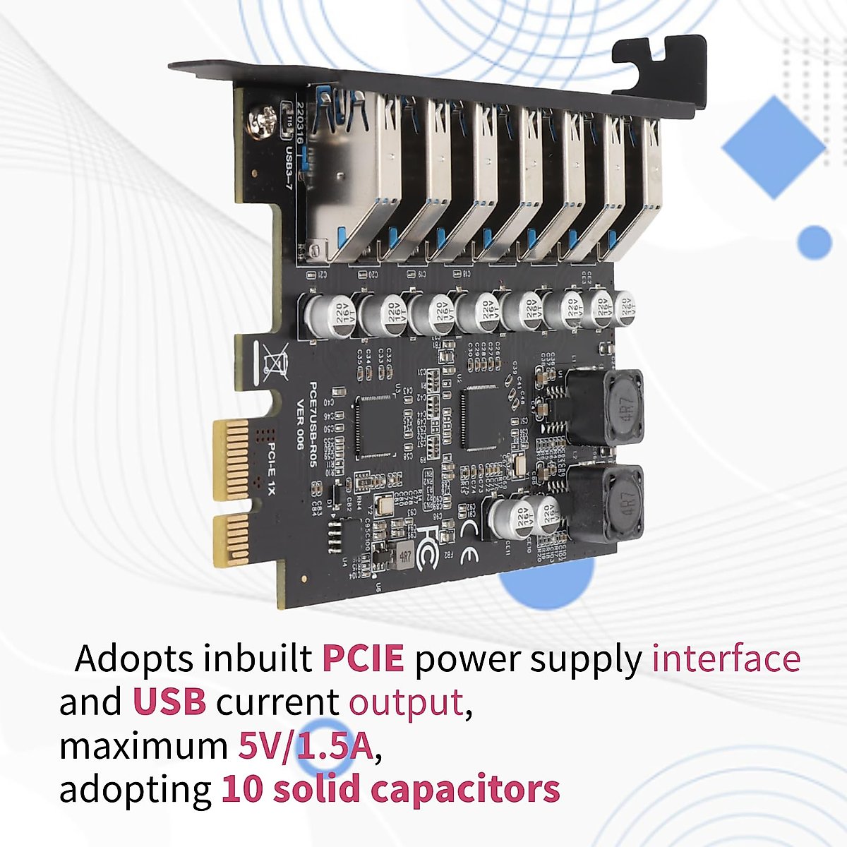 PCIE to USB 7 Port Expansion Card, PCI Express USB Add in Card, Internal USB 7 Port Front Expansion Card for XP 7 8 10 11 Linux