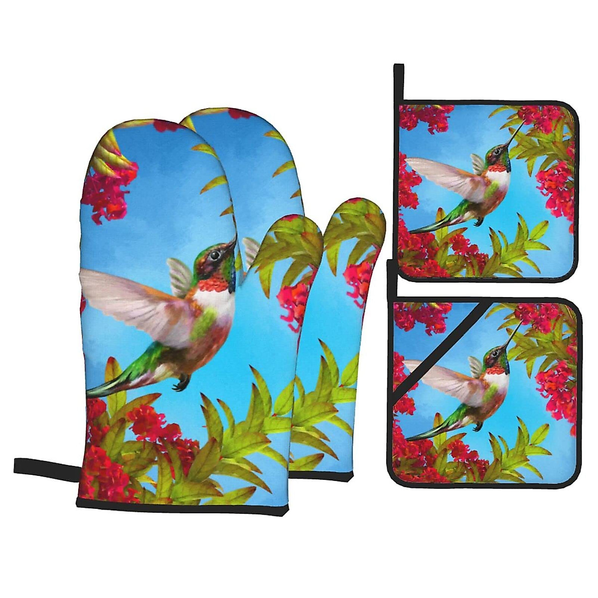 Spring Bird Hummingbird Oven Mitts and Pot Holders Sets 4 Piece Set Heat Resistant Non Slip Oven Mitts for Cooking Baking Grilling