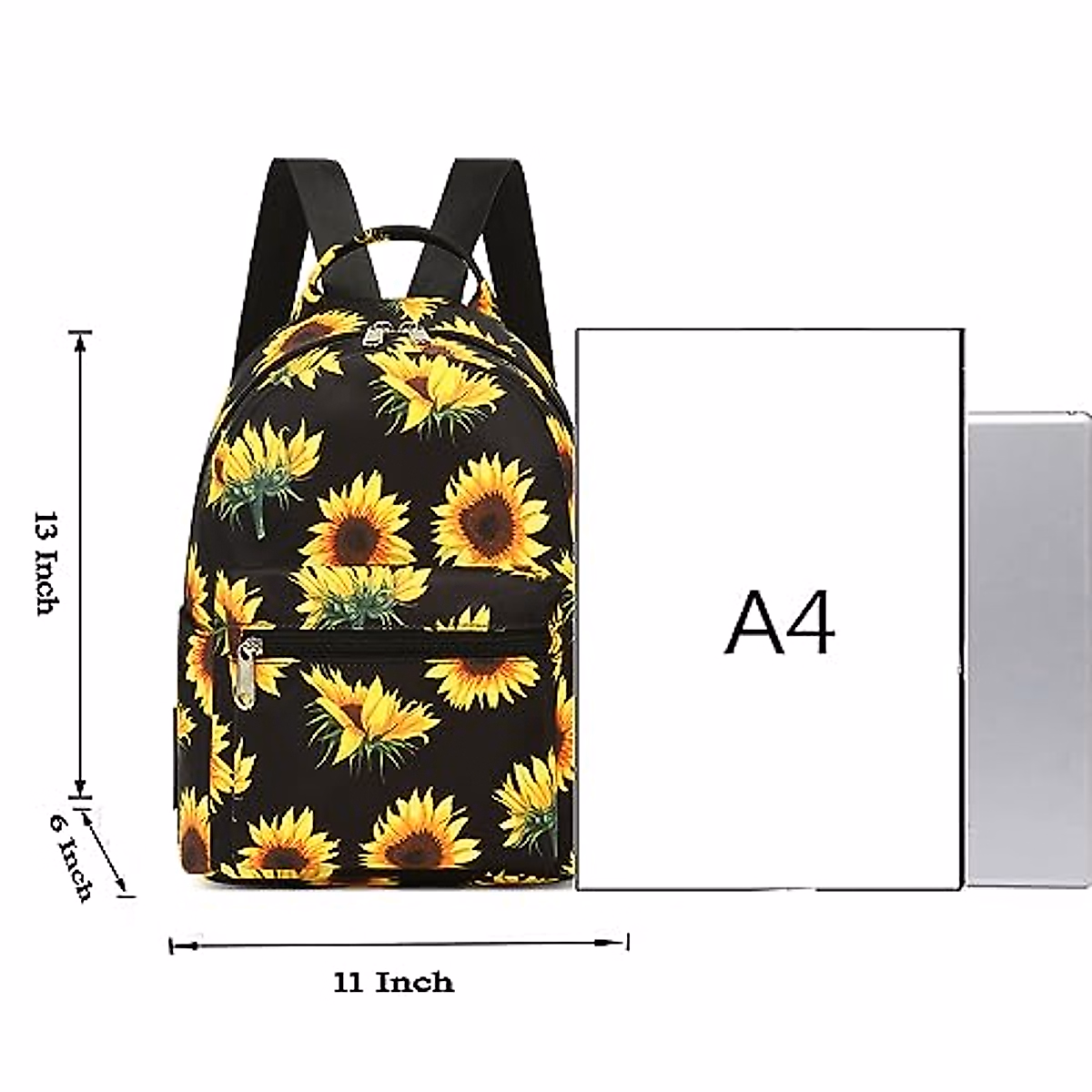LSNOYRD Sunflower Mini Backpack Purse, Women Teen Girl Teenager 13 Inch Black Floral Flower Cute Kawaii Purse, Medium Size Nylon Small Backpack Bookbag Travel Shoulder Back Pack with Side Pocket