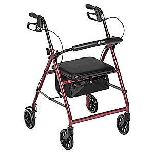 Drive Medical Aluminum Rollator Walker Fold Up and Removable Back Support, Padded Seat, 6" Wheels, Red