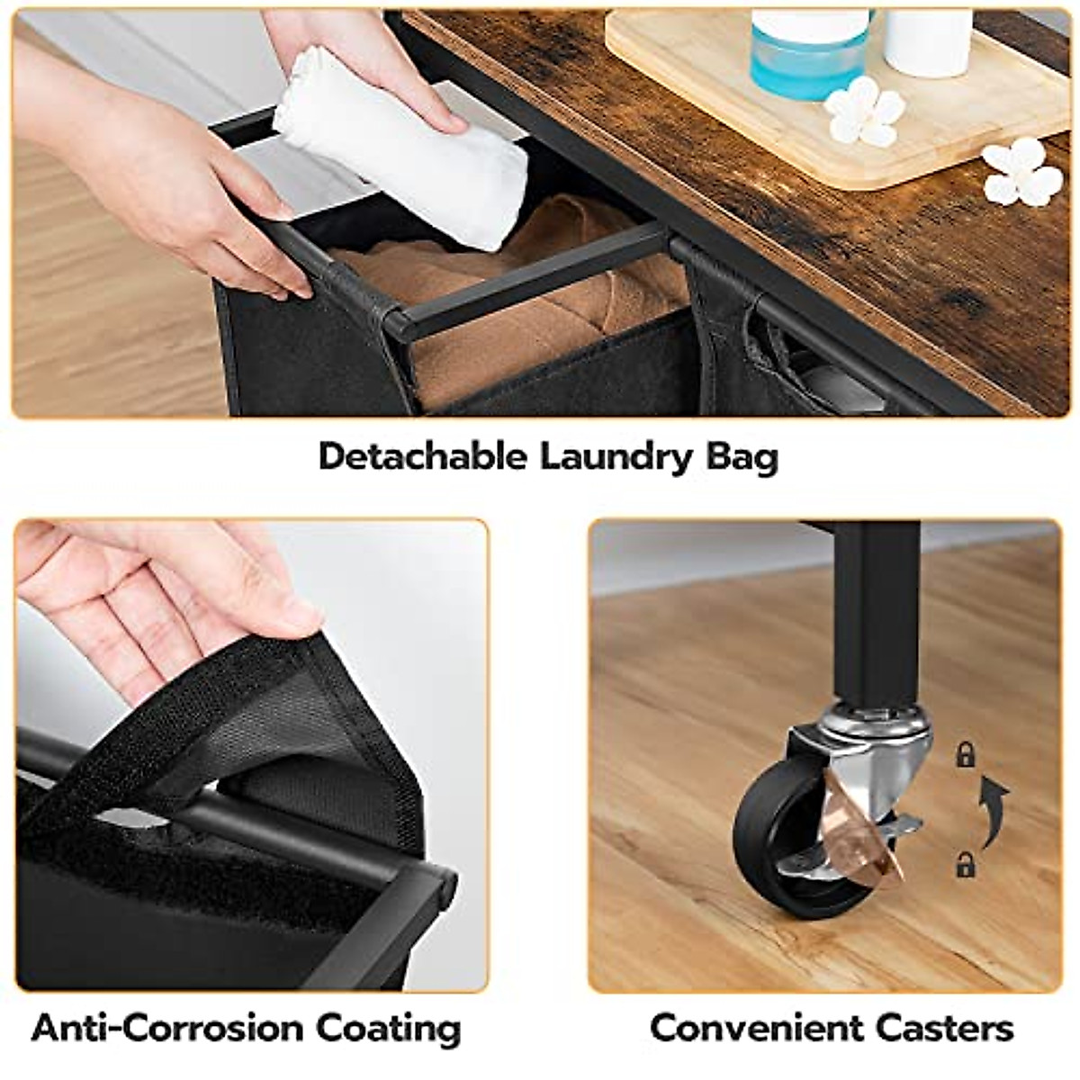 HOOBRO Laundry Hamper, Laundry Sorter 3 Section, Laundry Basket with Wheels, 3 × 10.5 Gal (39.8L), Rolling Cart, Pull-Out and Removable Oxford Fabric Laundry Bags, Rustic Brown and Black BF38XY01G1